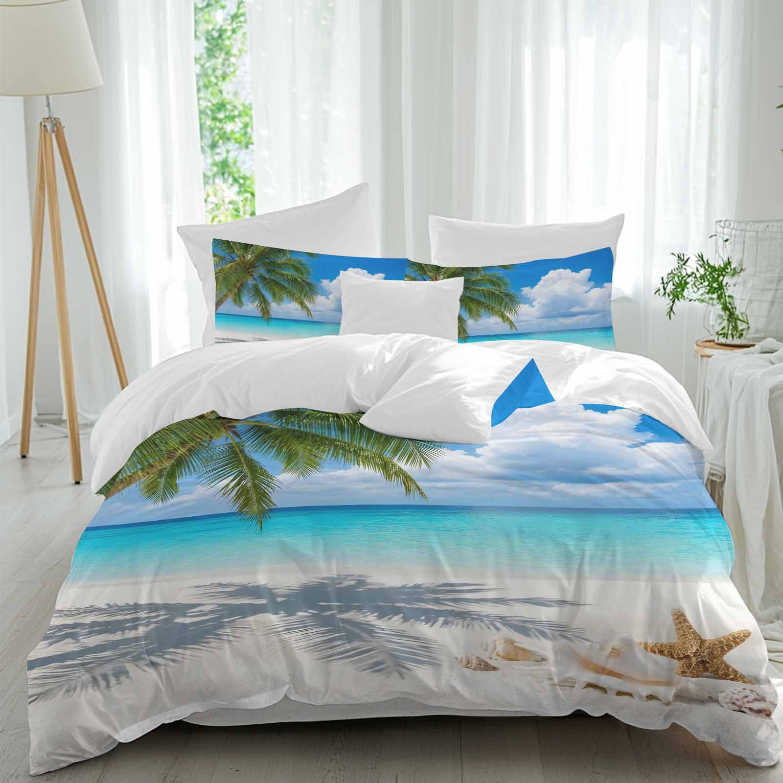 Coastal Beach Full Duvet Cover Set, Starfish Palm Tree Sky Tropical 4 ...