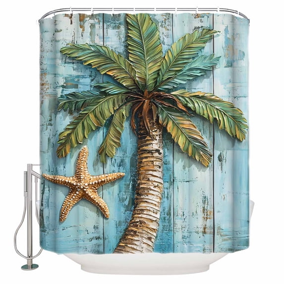 Coastal Beach Green Tree Bathroom Shower Curtains with 12 Hooks ...