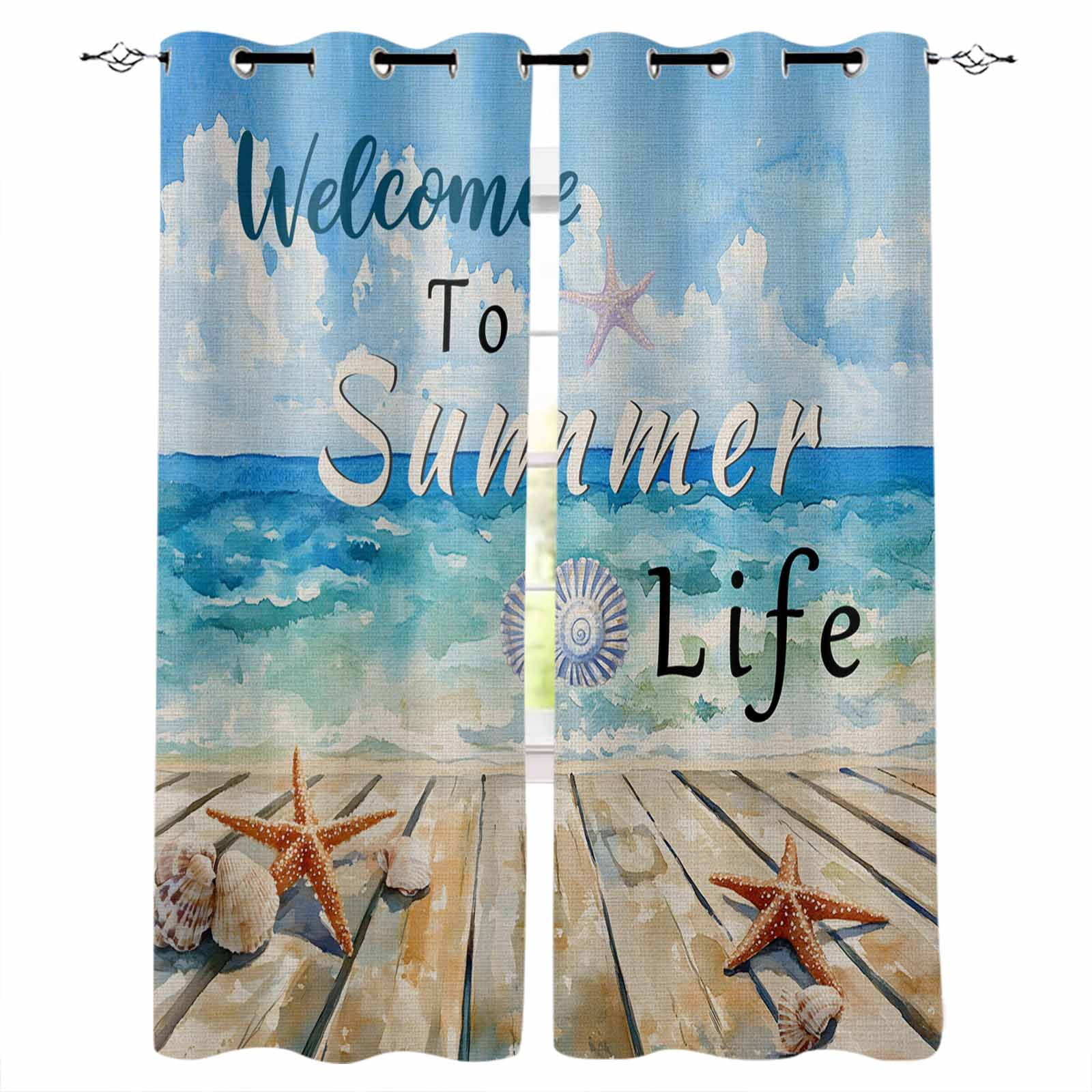Coastal Beach Kitchen Curtains Retro Summer Ocean Wave Starfish Shell ...