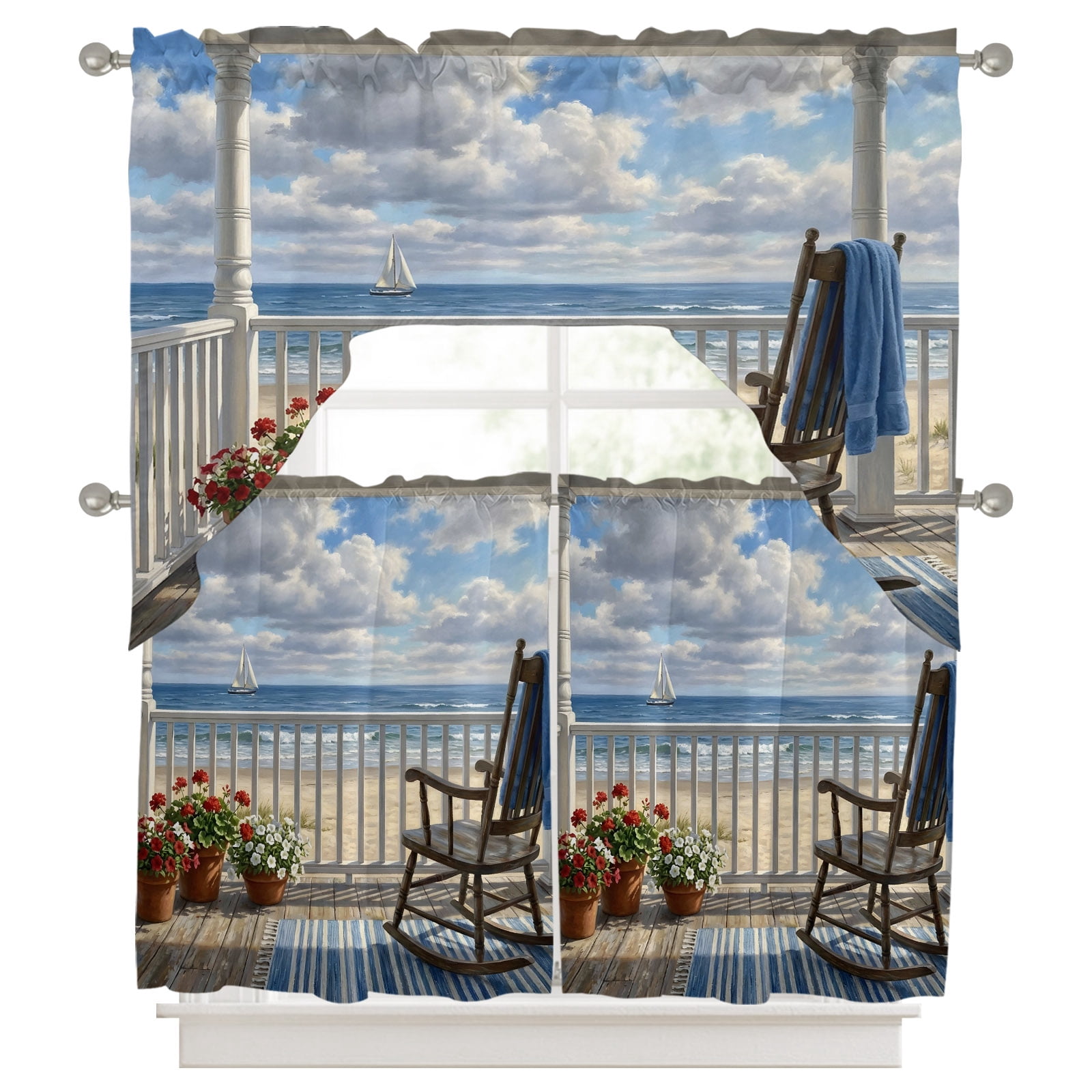 Coastal Beach Kitchen Curtains Swag Valance and Tier Curtains Set 36 ...