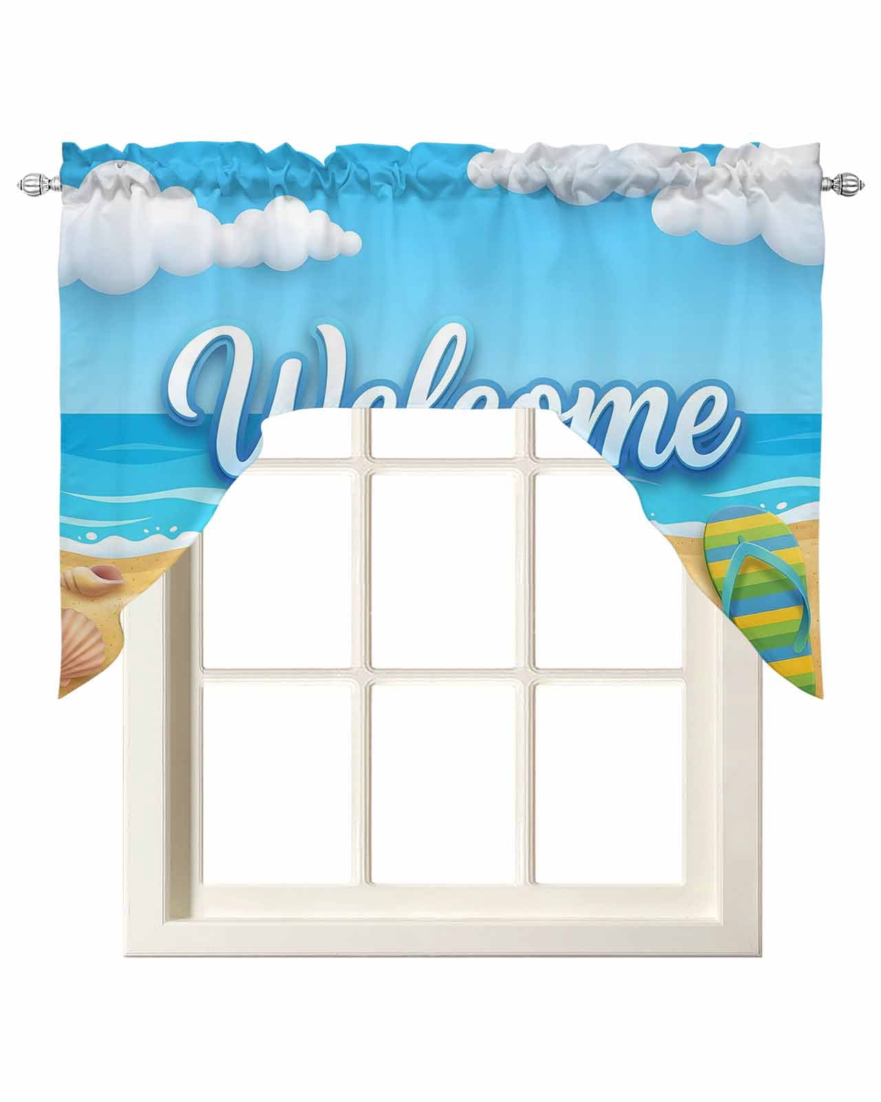 Coastal Beach Kitchen Swag Valances for Windows, Cartoon Summer Ocean ...