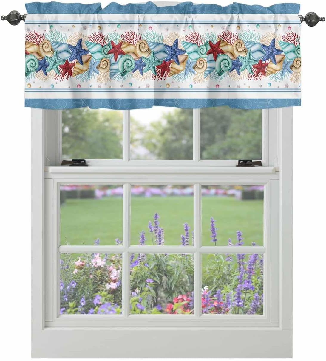 Coastal Beach Kitchen Valances | Nautical Ocean Seashell Coral Starfish ...