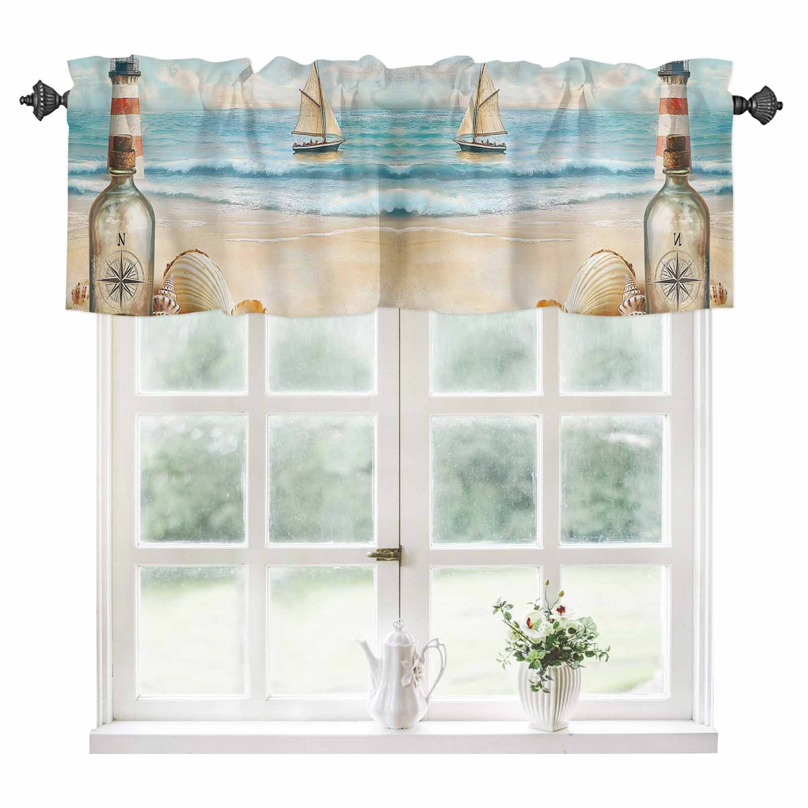 Coastal Beach Kitchen Valances for Windows 42x12 Inch Kitchen Curtains ...