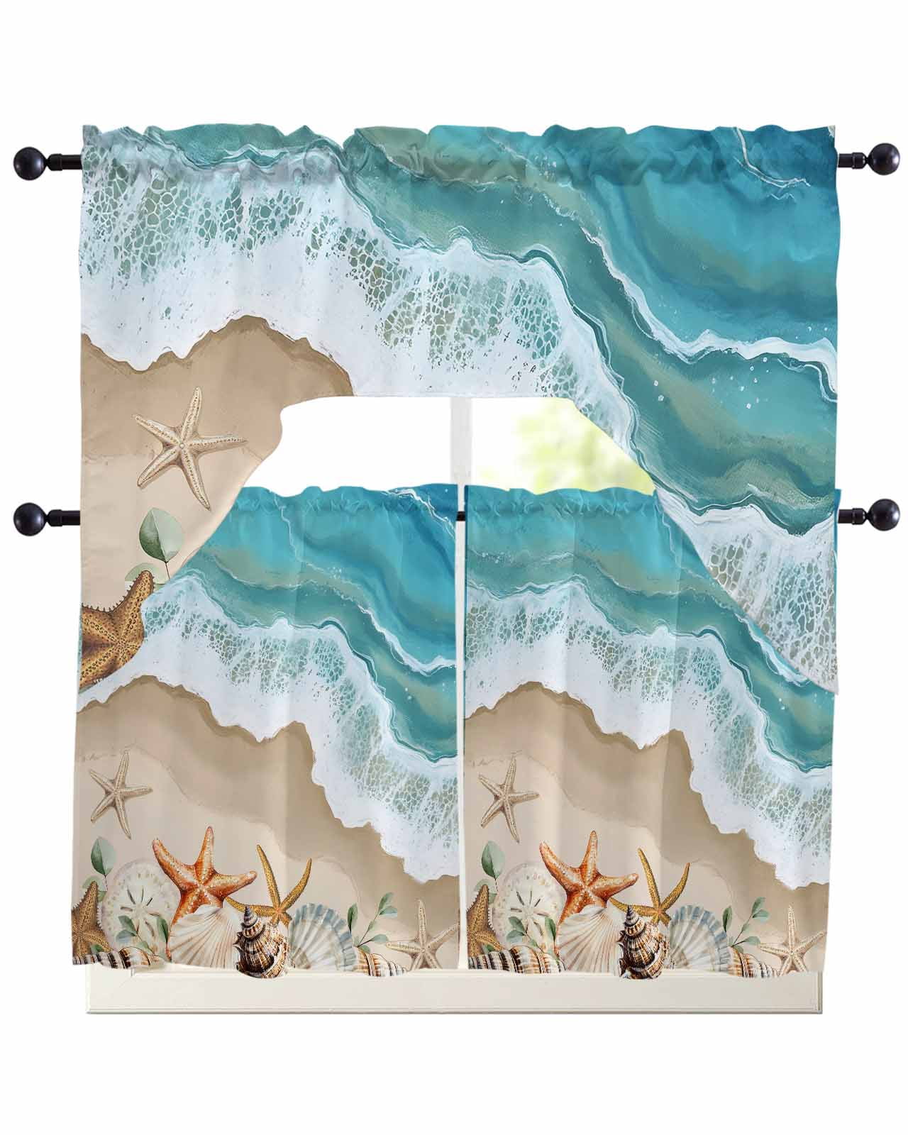Coastal Beach Ocean Kitchen Curtains Swag Valance and Tier Curtains Set ...