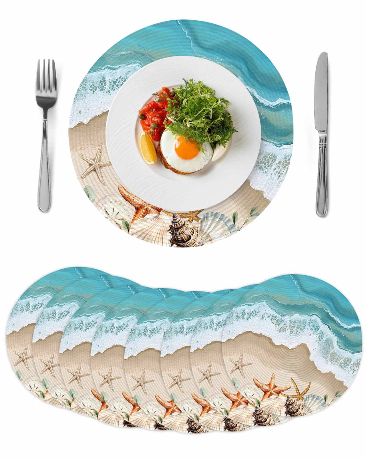 Coastal Beach Ocean Round 13 Inch Placemats Set of 8, Nautical Starfish ...