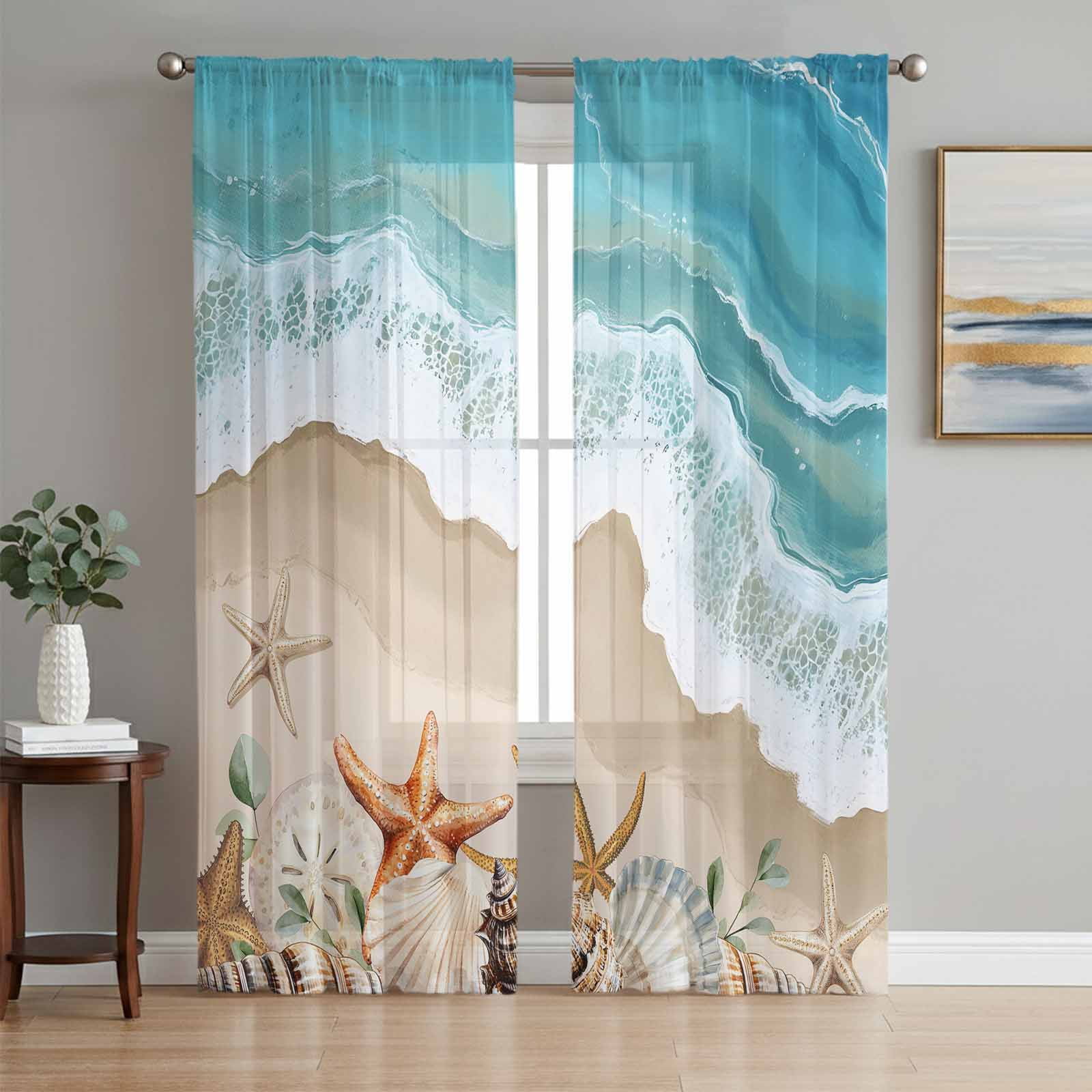 Coastal Beach Ocean Semi Sheer Curtains 96 Inch Length 2 Panels Set ...