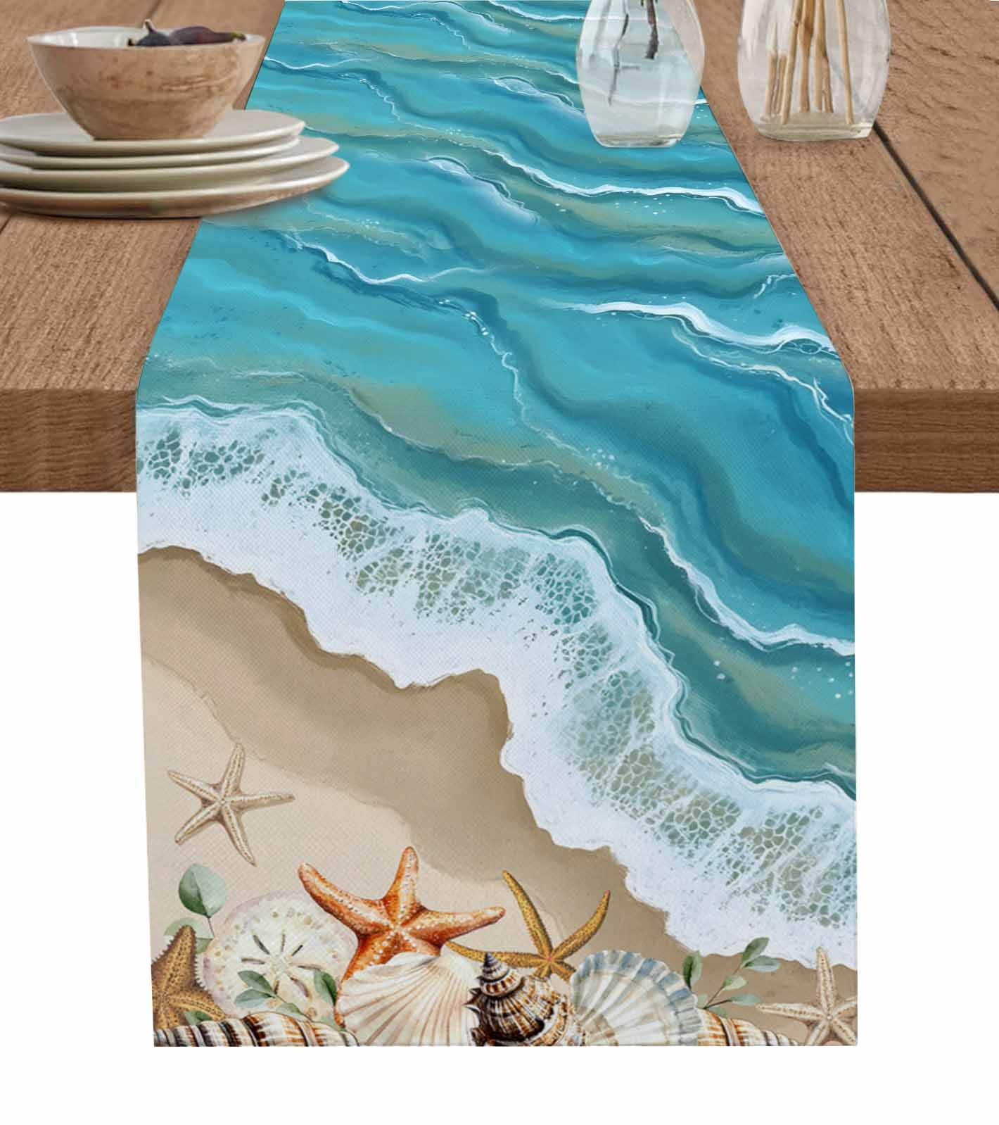 Coastal Beach Ocean Table Runner 108 Inches, Nautical Starfish Shells ...