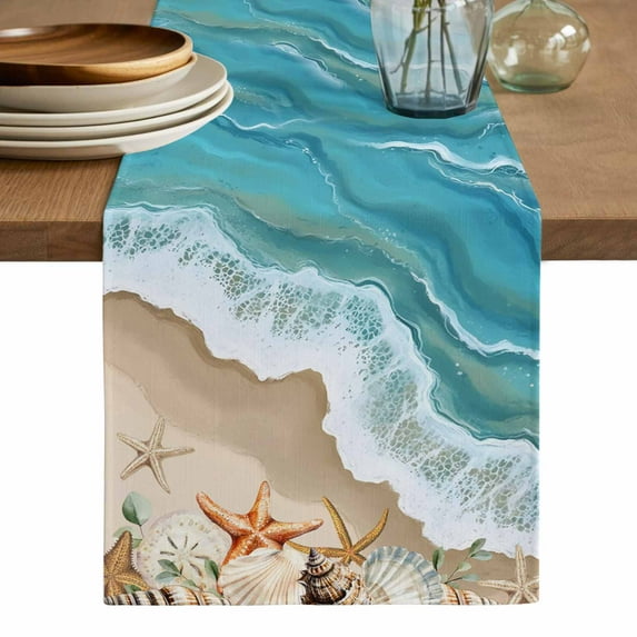 Coastal Beach Ocean Table Runner, Nautical Starfish Shells Conch ...