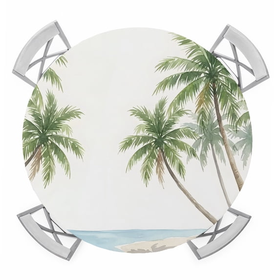 Coastal Beach Palm Tree Round Table Cover, Watercolor Coconut Tree ...