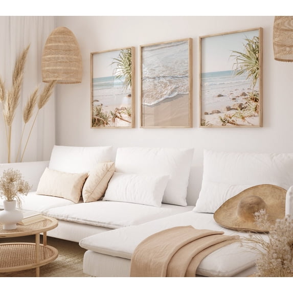 Coastal Beach Pastel Ocean Waves Boho Home Decor Set 3 Stretched Canvas ...