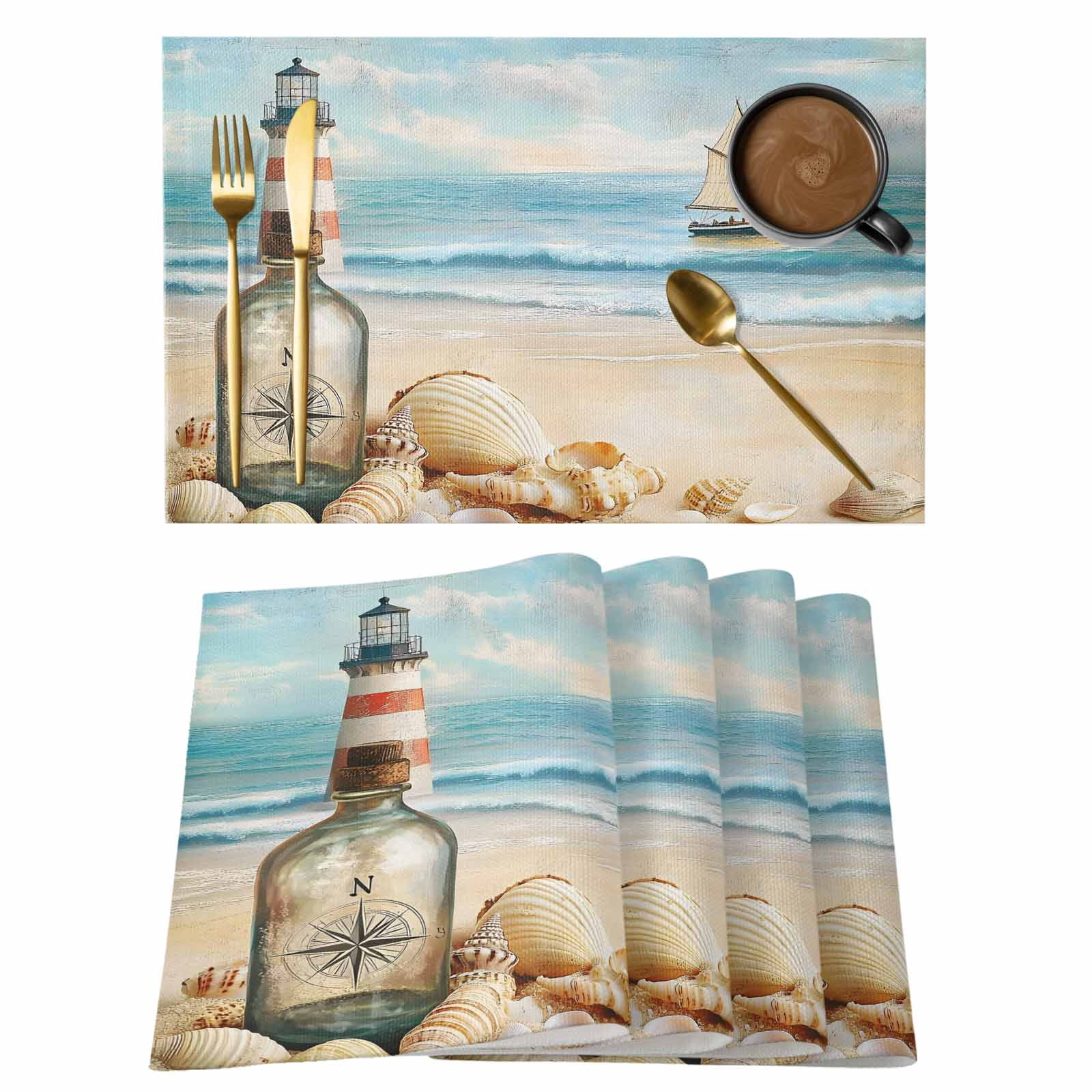 Coastal Beach Placemats Set of 12 Nautical Wave Compass Shell Place ...