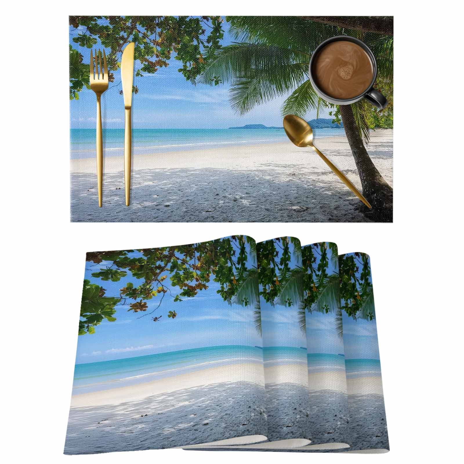 Coastal Beach Placemats Set of 12, Summer Ocean Sea Modern Palm Coconut ...
