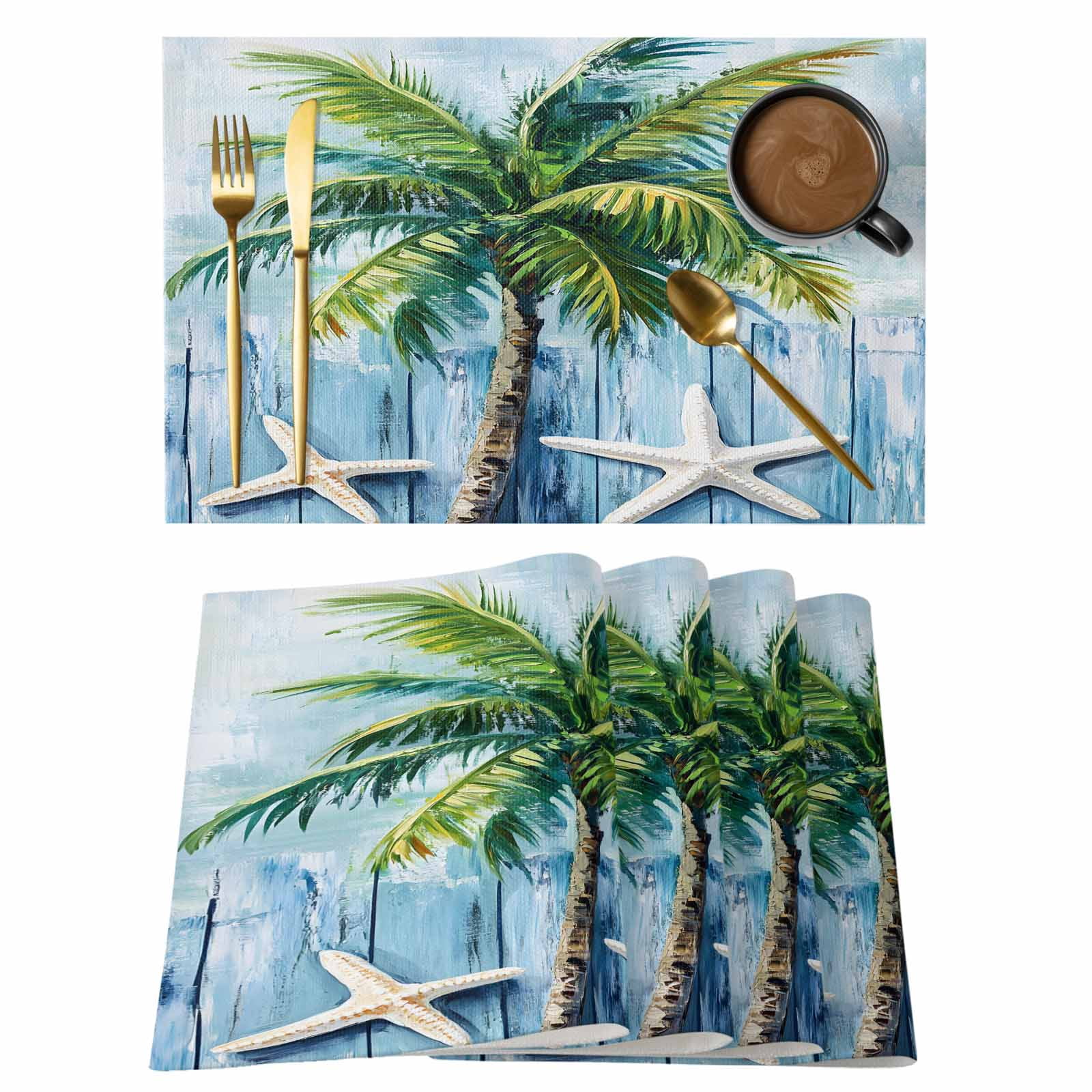 Coastal Beach Placemats Set of 8 Green Tropical Palm Vintage Blue Wood ...