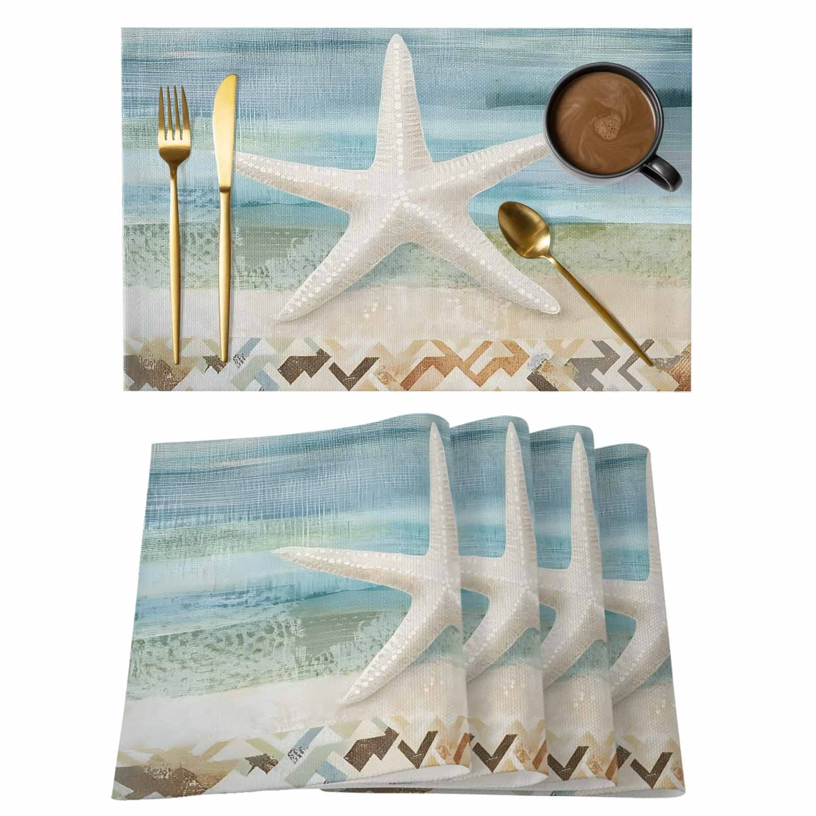 Coastal Beach Placemats Set of 8 Summer Retro Starfish Wave Place Mats ...