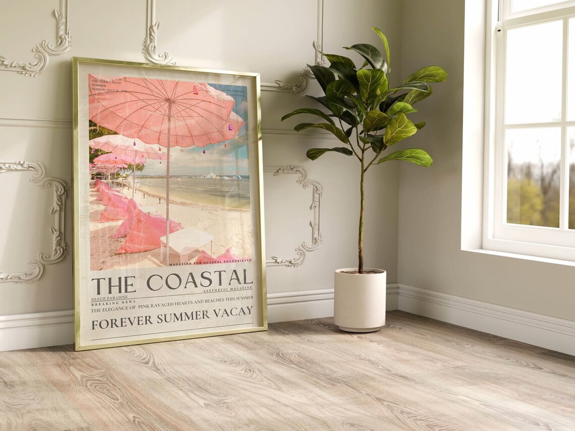 Coastal Beach Print, Pink Umbrellas Magazine Cover, Unframed Paper ...