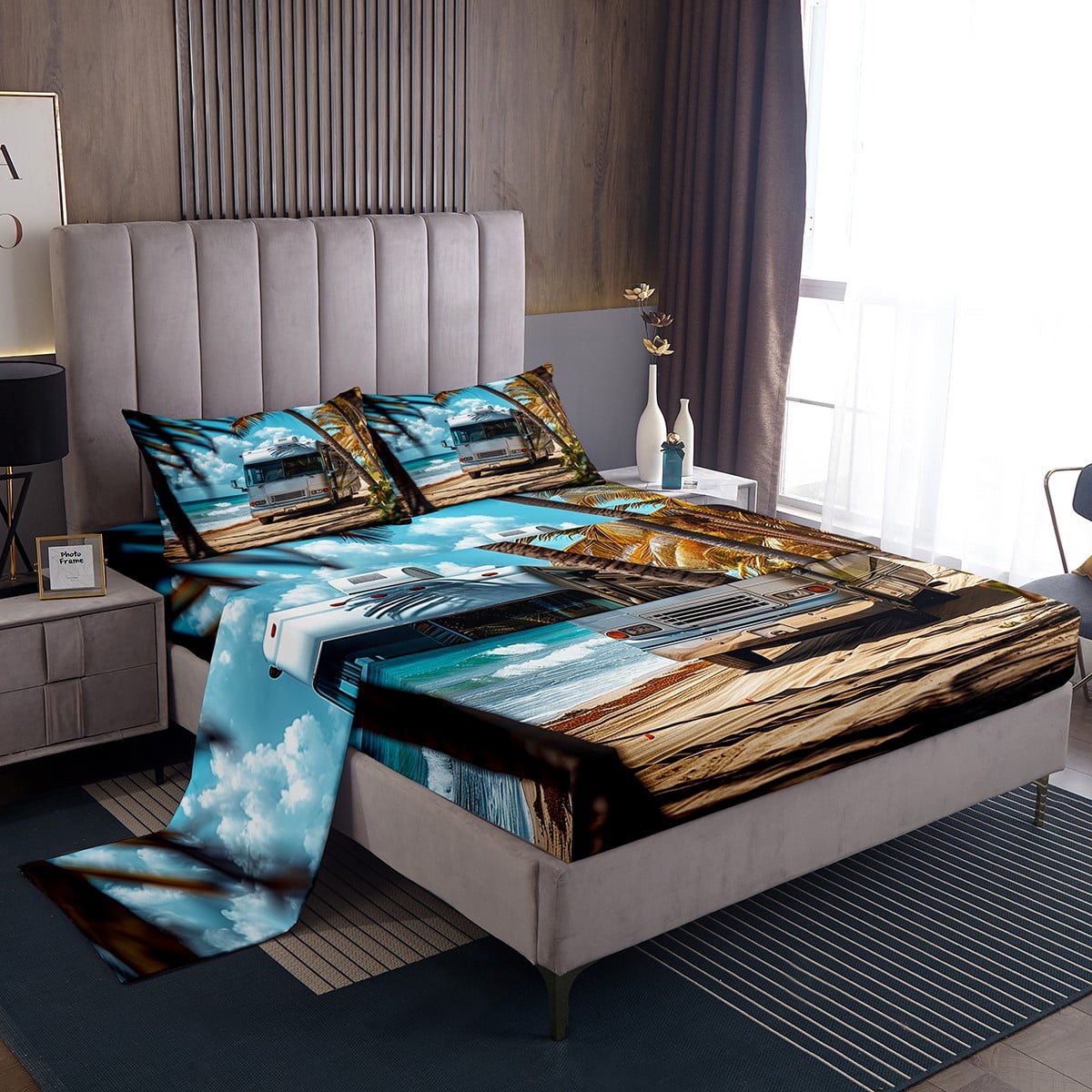 Coastal Beach Queen Bed Sheets Set,Hawaiian Tropical Palm Tree Bedding ...