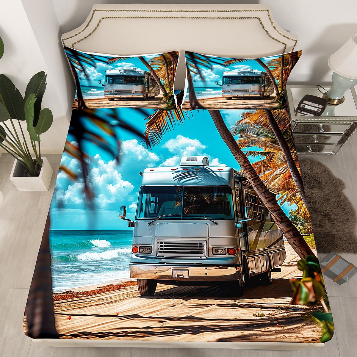 Coastal Beach Queen Fitted Sheet,Hawaiian Tropical Palm Tree Bedding ...