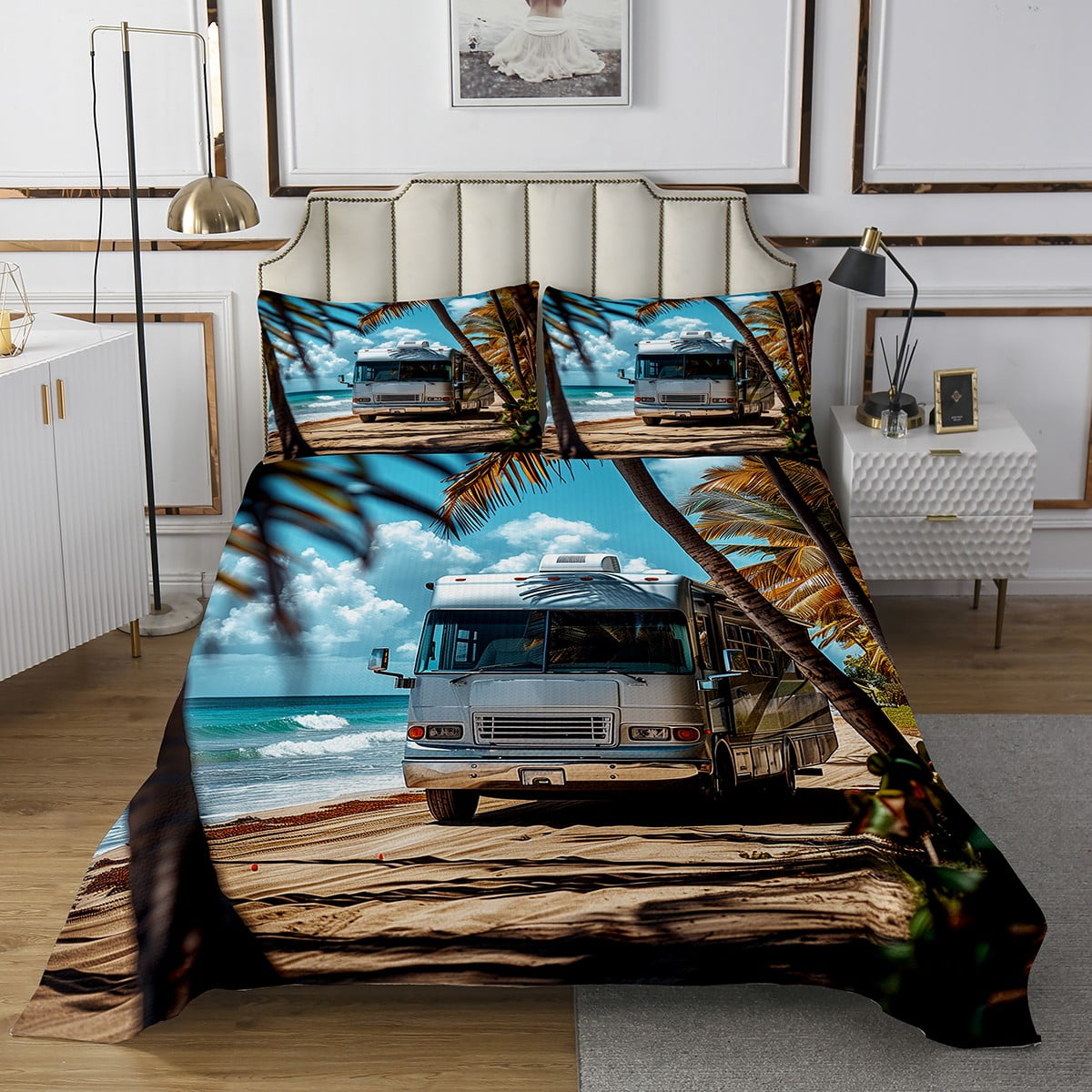 Coastal Beach Queen Quilt Set,Hawaiian Tropical Palm Tree Bedding Set ...