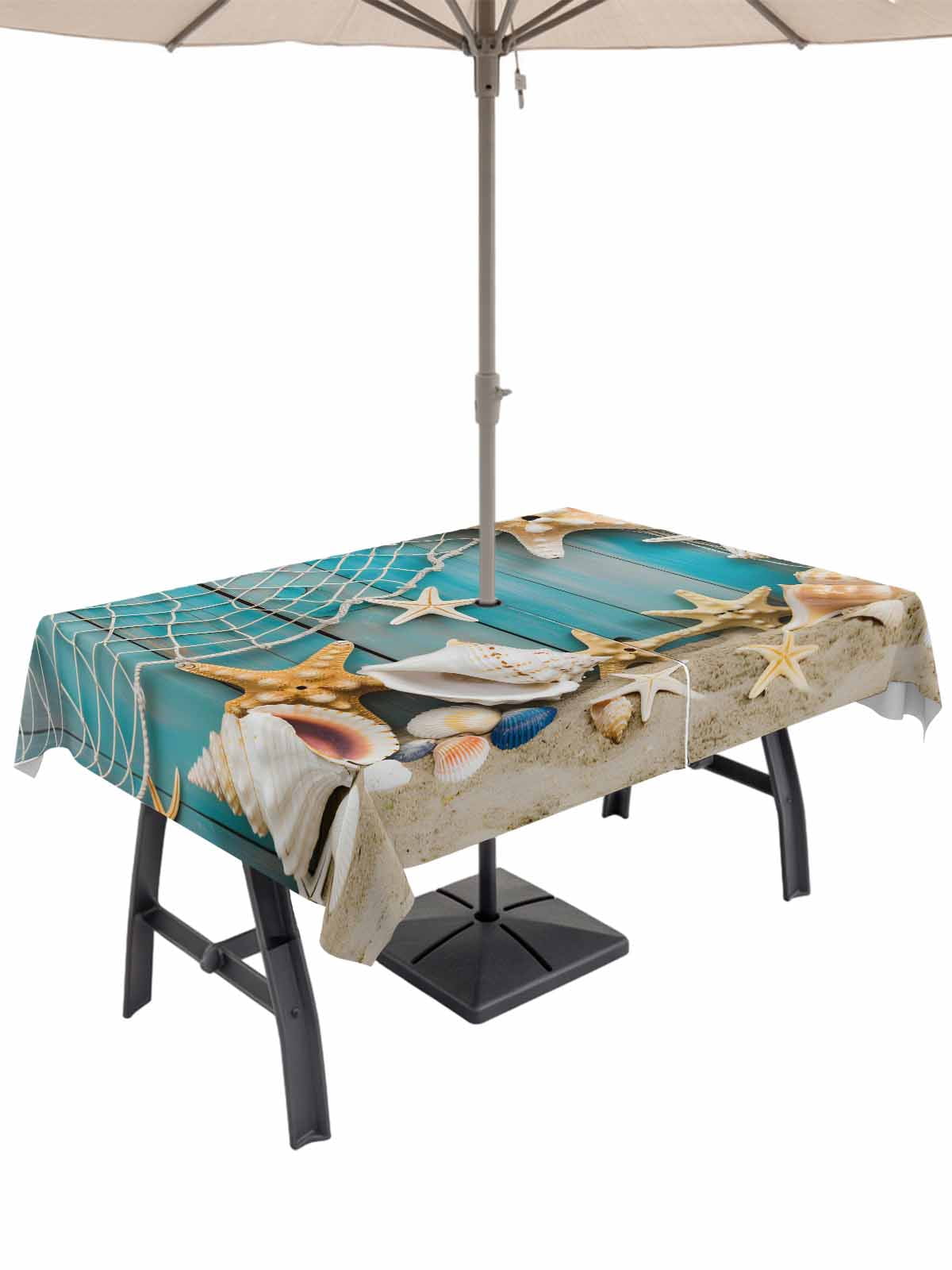 Coastal Beach Rectangle Outdoor Tablecloth with Umbrella Hole Starfish ...