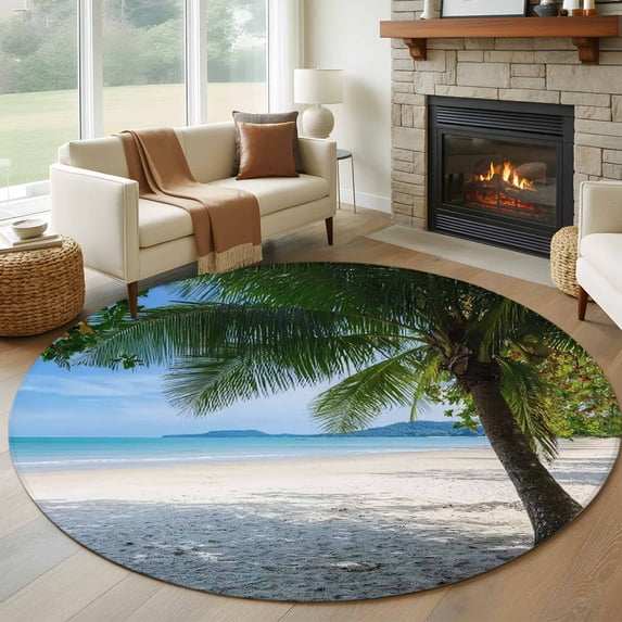 Coastal Beach Round Area Rug 8Ft Washable Large Circle Rugs for Living ...