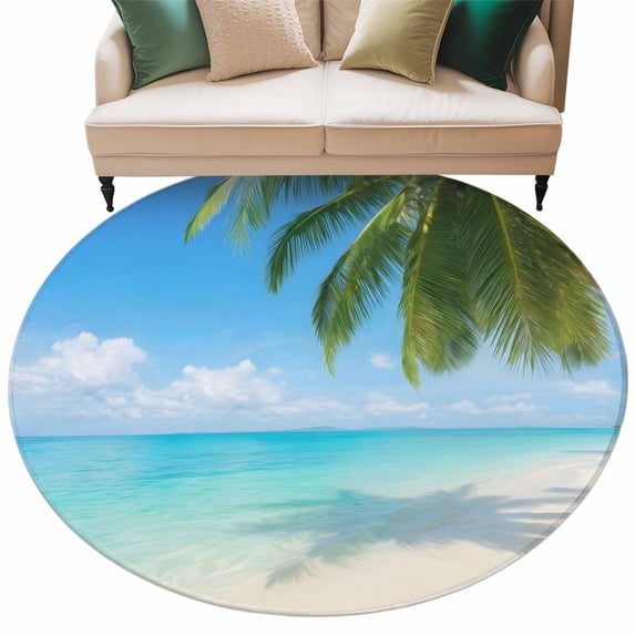 Coastal Beach Round Living Room Rugs 7 ft, Palm Leaf Coconut Trees ...