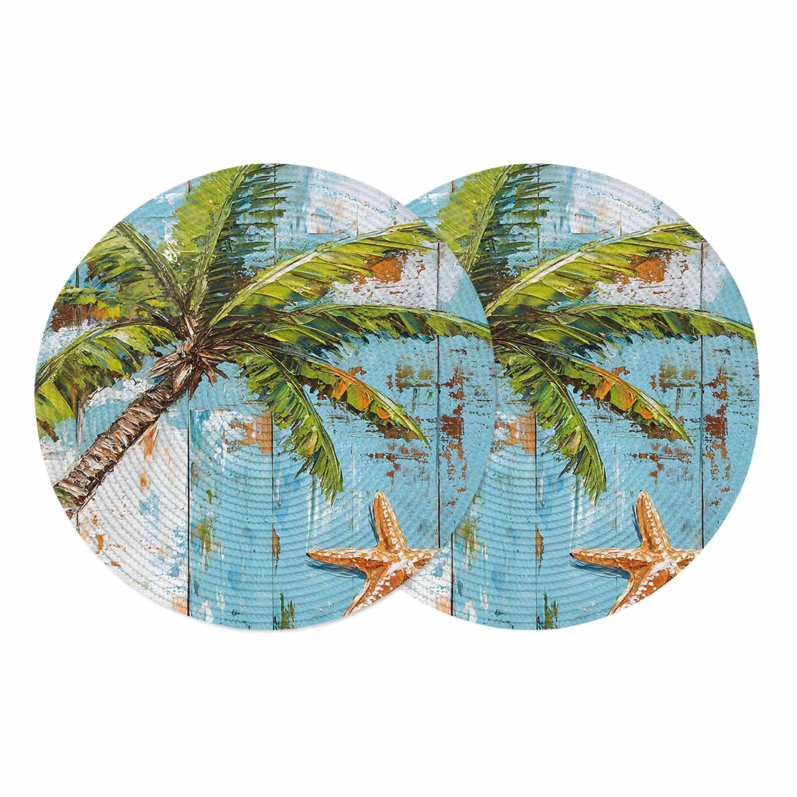 Coastal Beach Round Placemats Set of 2 Oil Painting Tropical Palm Tree ...