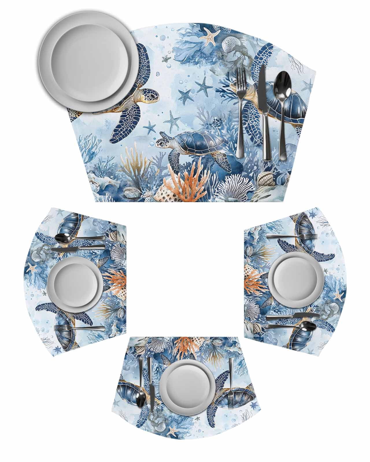 Coastal Beach Round Placemats Set of 2, Sea Turtle Nautical Coral ...