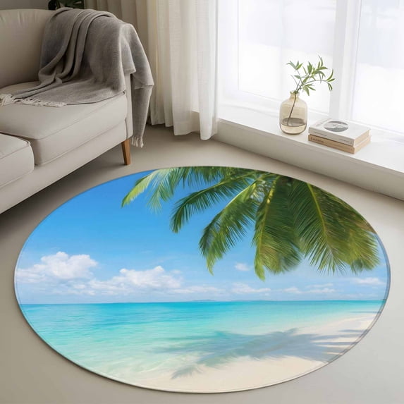 Coastal Beach Round Rug 3.3Ft Palm Leaf Coconut Trees Sunny Day ...