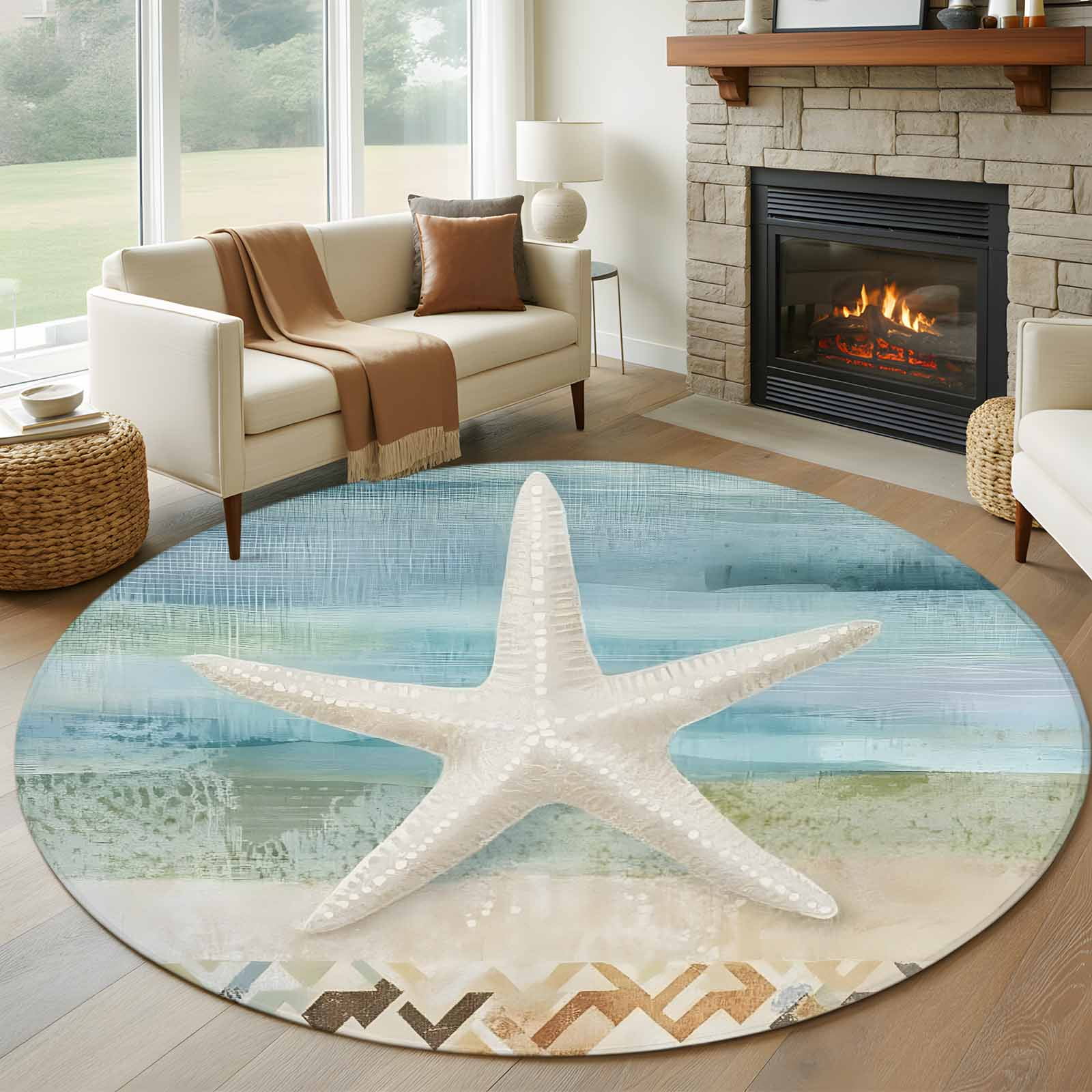 Coastal Beach Round Rug 5ft Washable Circle Kitchen Rugs Non Slip ...