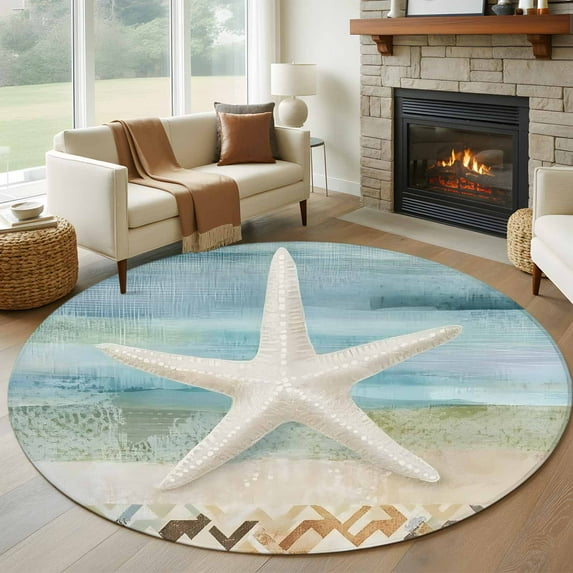 Coastal Beach Round Rug 5ft Washable Circle Kitchen Rugs Non Slip ...