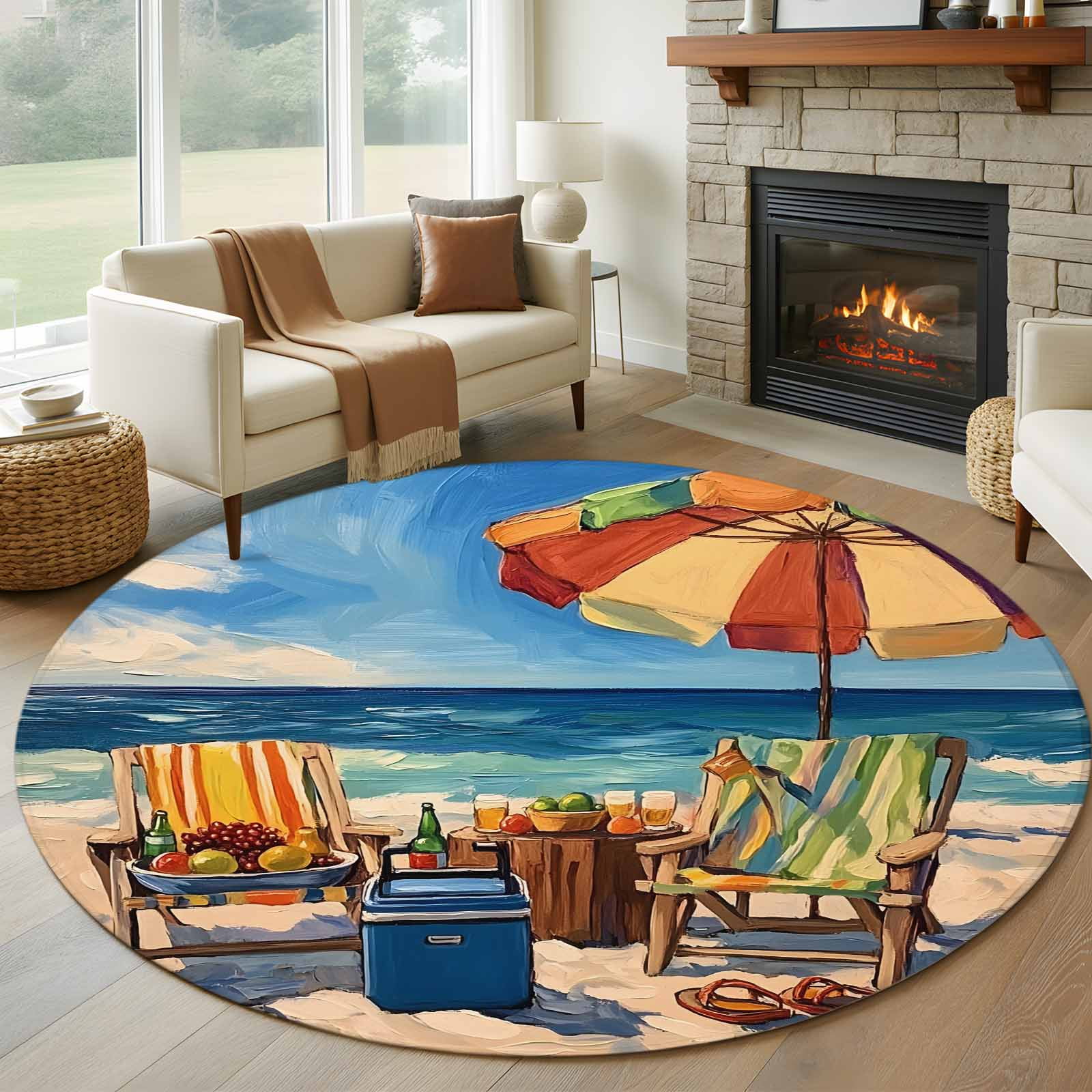 Coastal Beach Round Rug 5ft Washable Circle Kitchen Rugs Non Slip ...