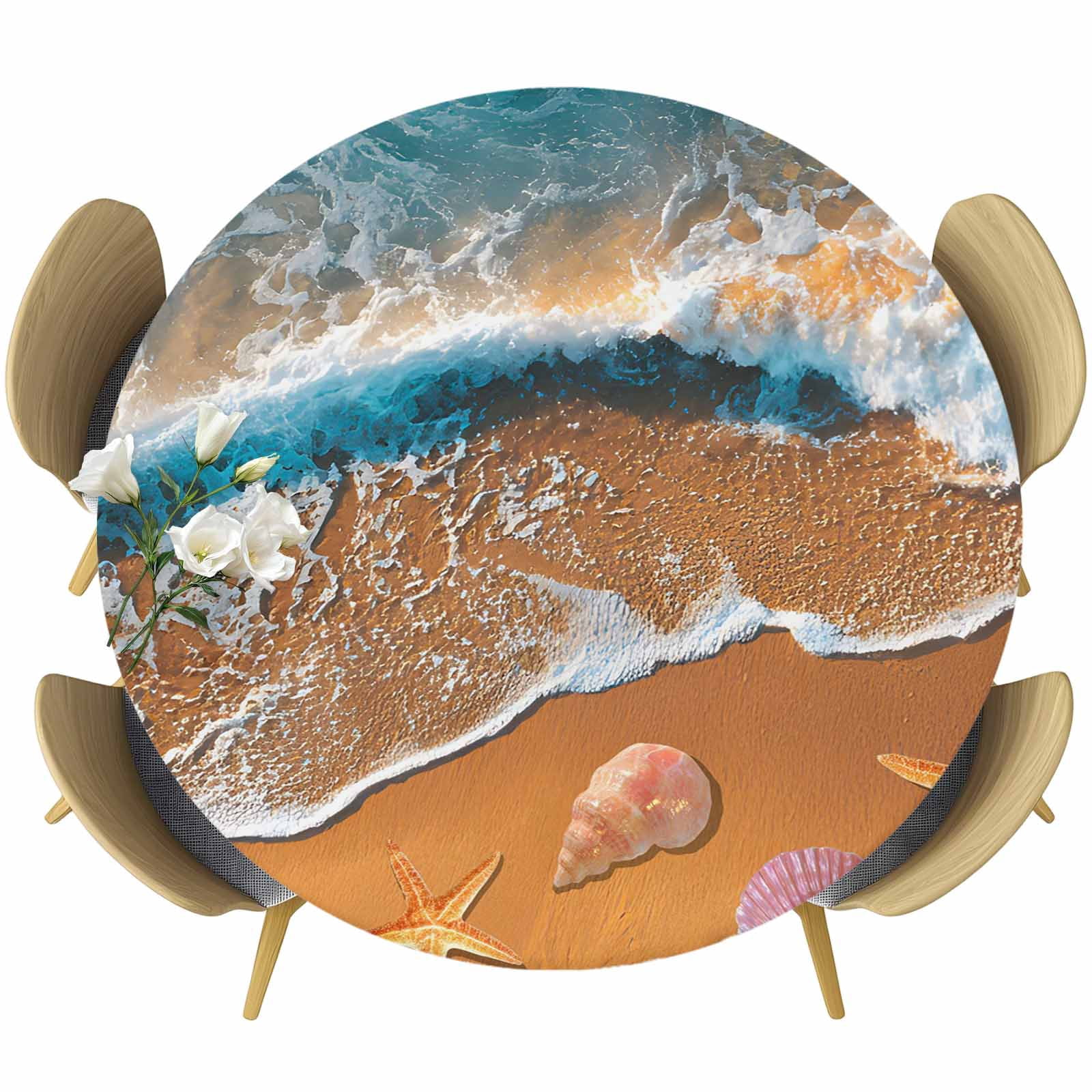 Coastal Beach Round Tablecloth 45-54 Inch Round Fitted Table Cloth with ...