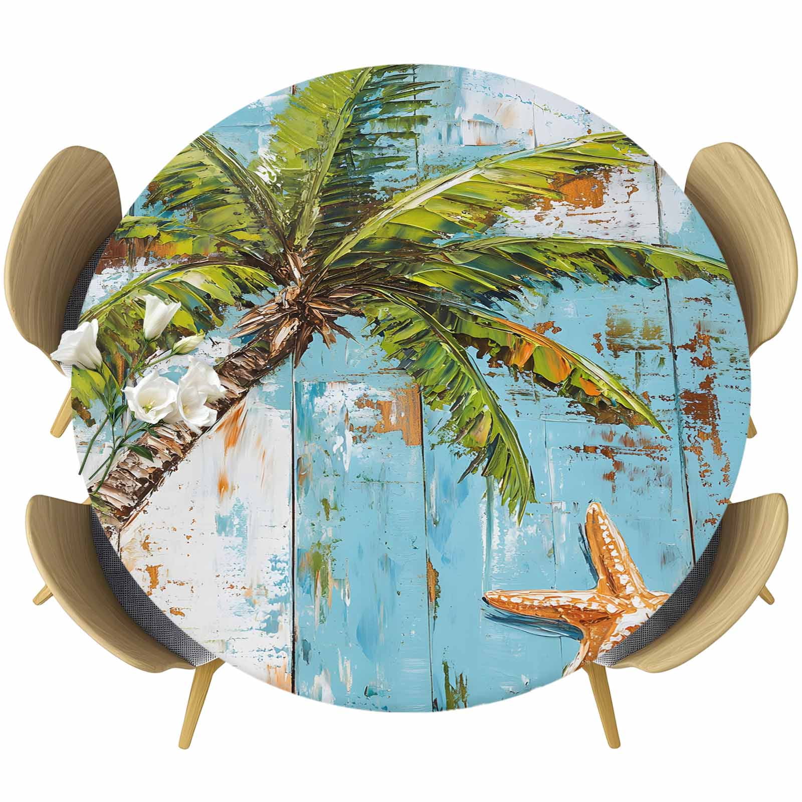 Coastal Beach Round Tablecloth 55-60 Inch Round Fitted Table Cloth with ...