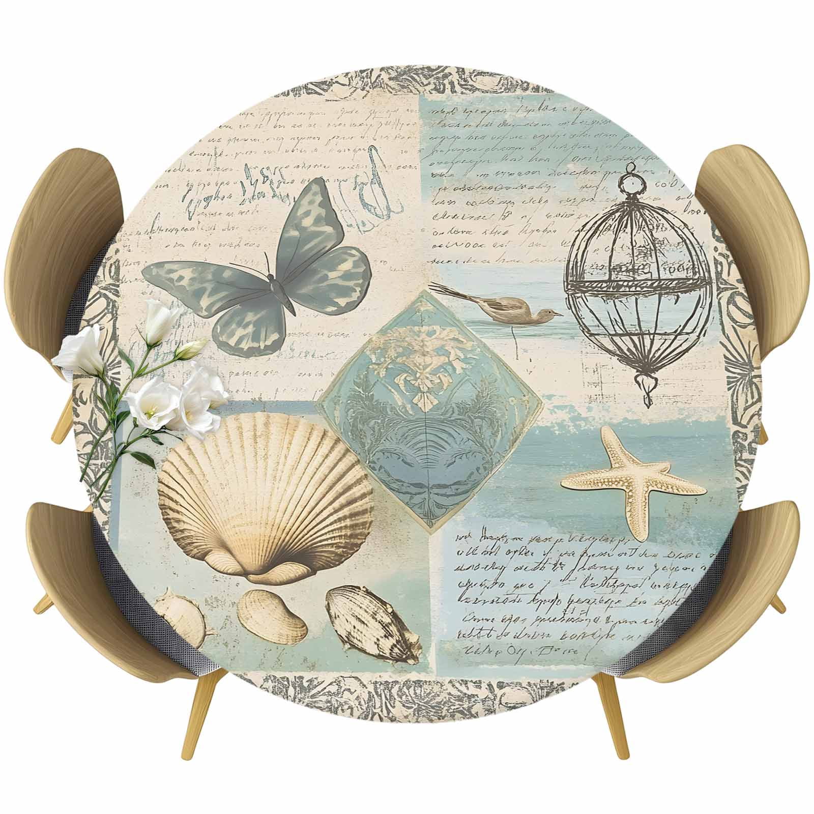 Coastal Beach Round Tablecloth 55-60 Inch Round Fitted Table Cloth with ...