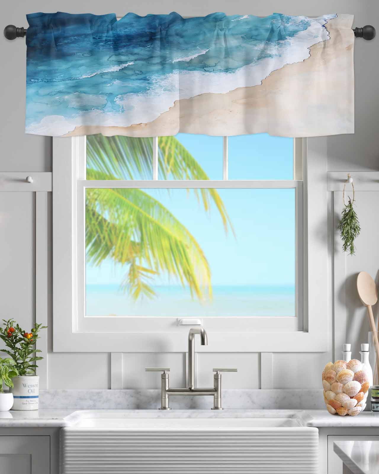 Coastal Beach Sand Sea Waves Curtain Valances for Kitchen Windows,Rod ...