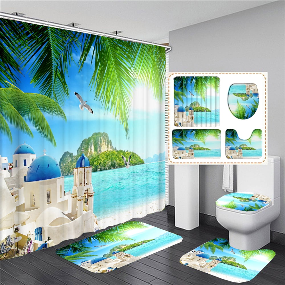 Coastal Beach Scenery 3D Printing Waterproof Shower Curtain Pedestal ...