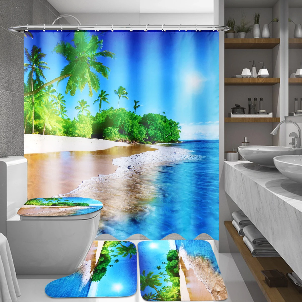 Coastal Beach Scenery 3D Printing Waterproof Shower Curtain Set ...