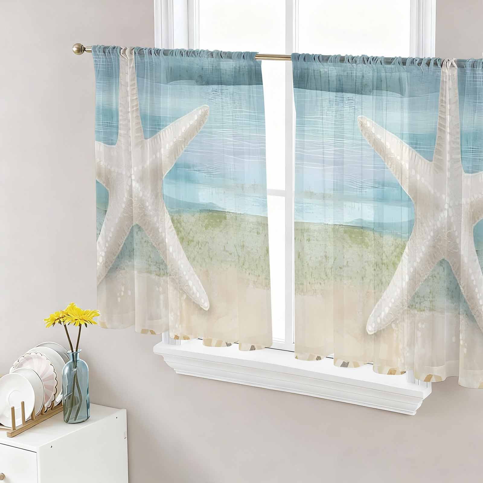 Coastal Beach Semi Sheer Curtains 45 Inch Length 2 Panels Set, Summer ...