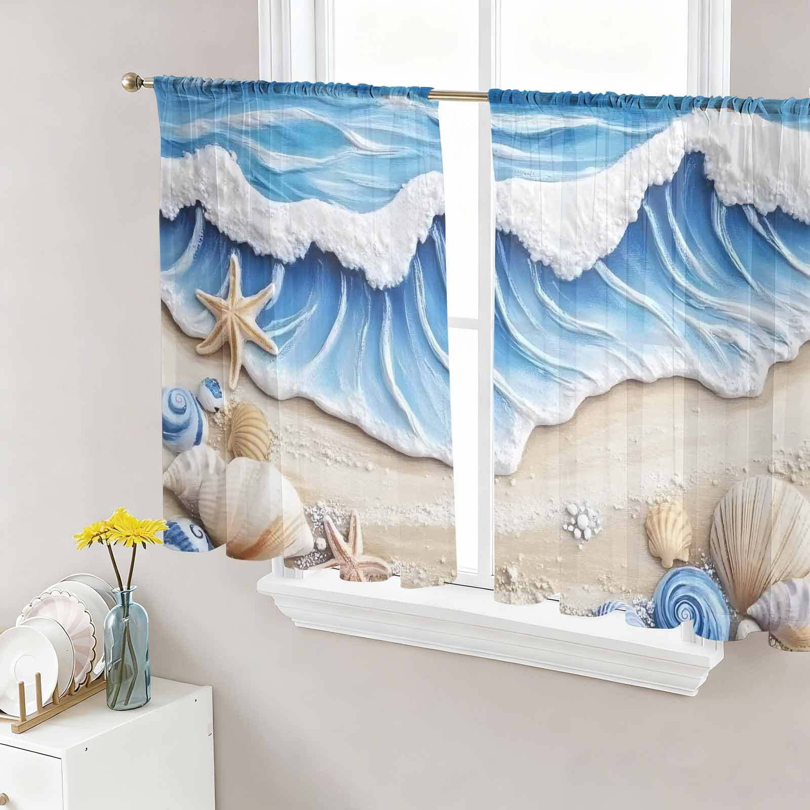 Coastal Beach Semi Sheer Curtains 54 Inch Length 2 Panels Set, Blue ...