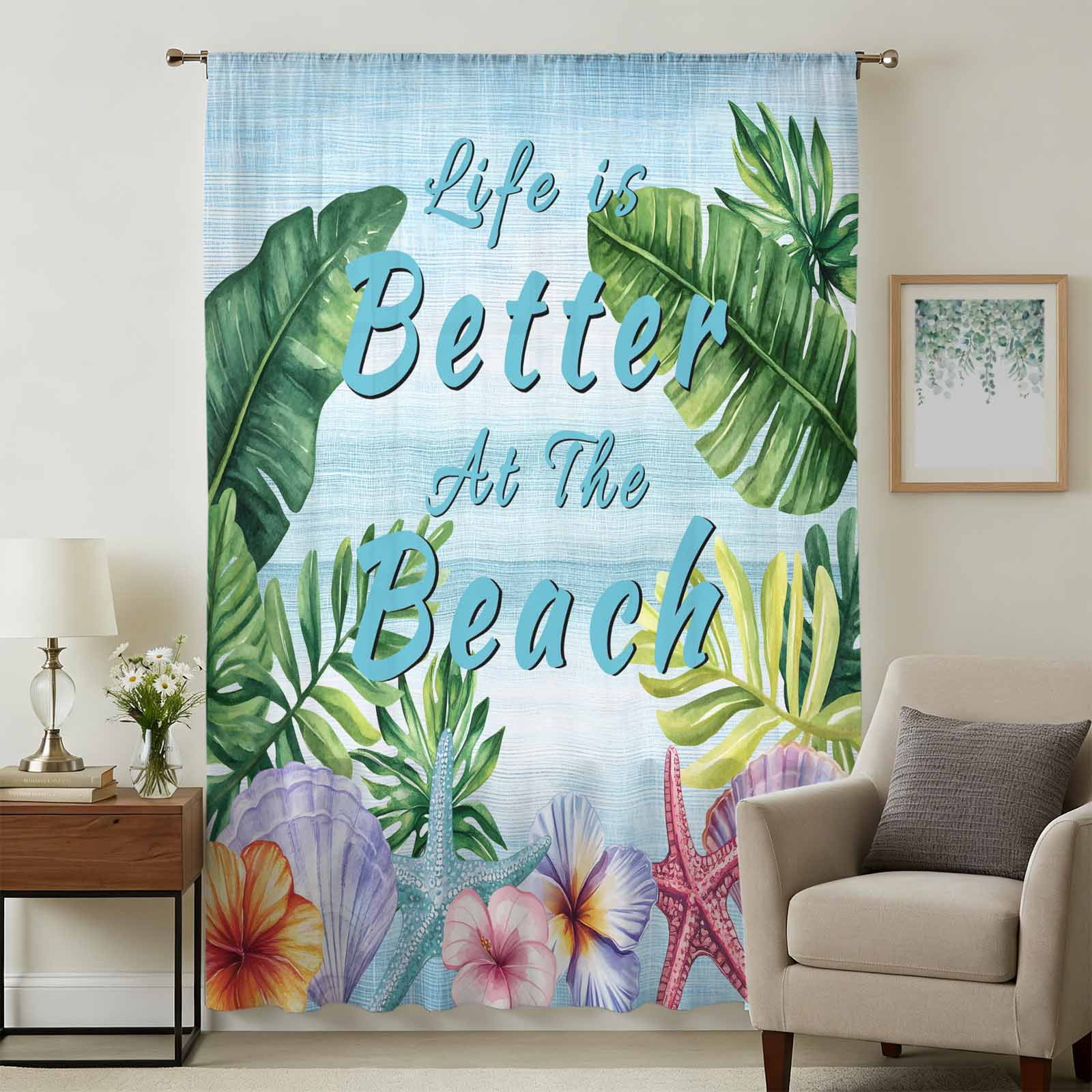 Coastal Beach Sheer Curtains 108" Extra Long, Summer Tropical Ocean ...