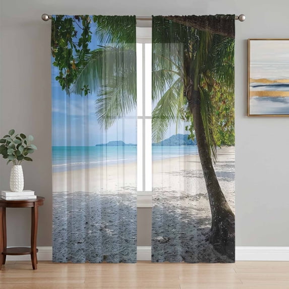 Coastal Beach Sheer Curtains 108 Inch Length 2 Panels Set Window ...