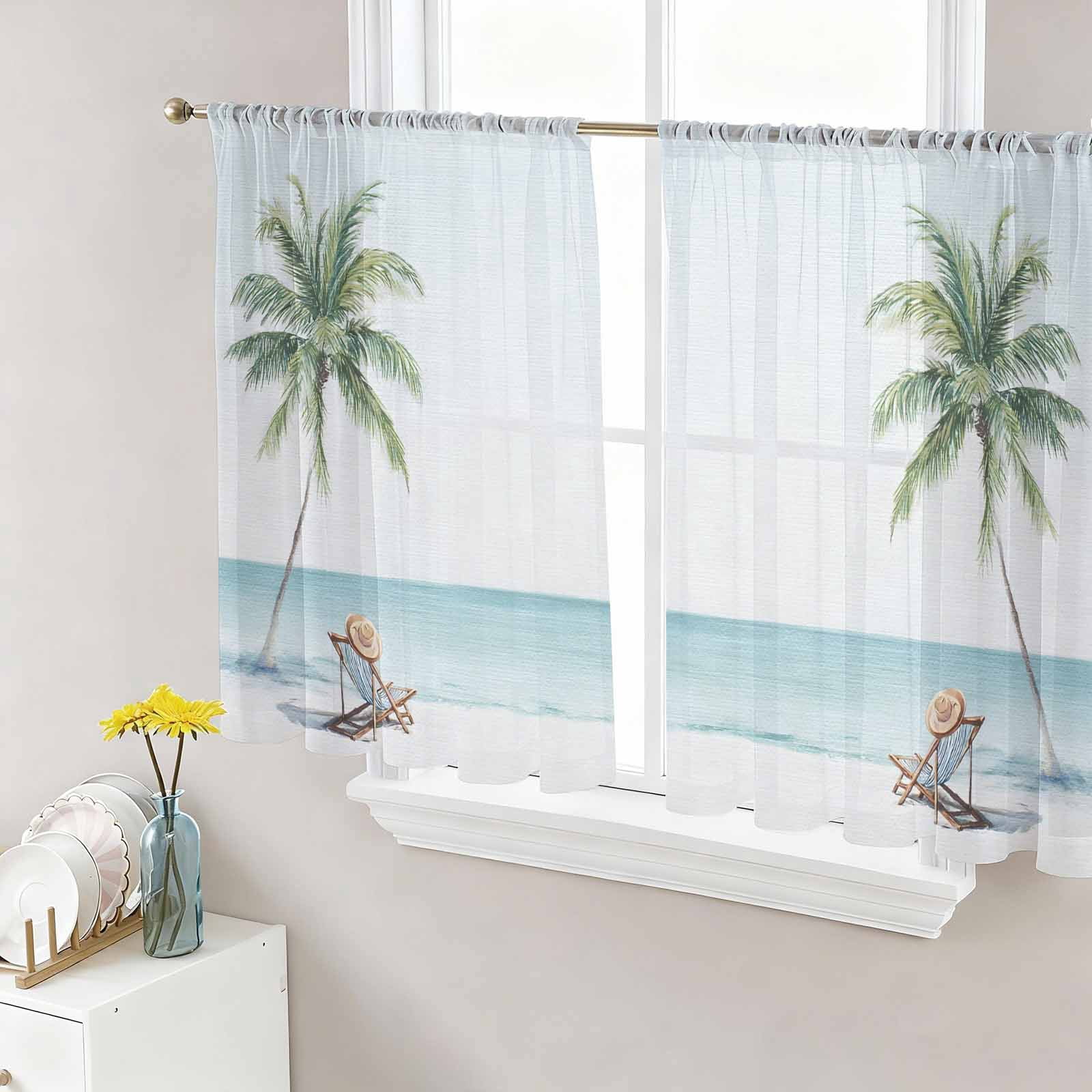 Coastal Beach Sheer Curtains 45 Inch Length 2 Panels for Living Room ...