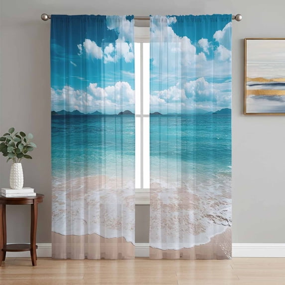 Coastal Beach Sheer Curtains 72 Inch Length 2 Panels Set, Blue Ocean ...