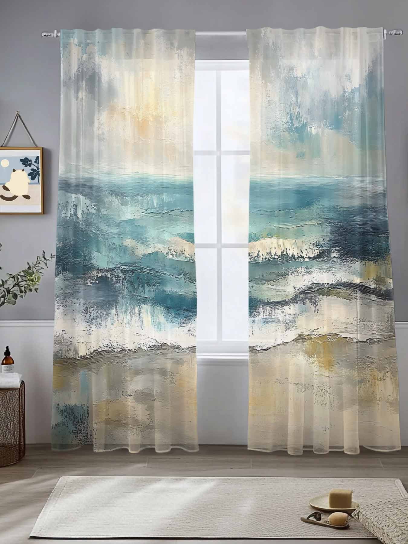 Coastal Beach Sheer Curtains for Living Room Bedroom Abstract Oil ...
