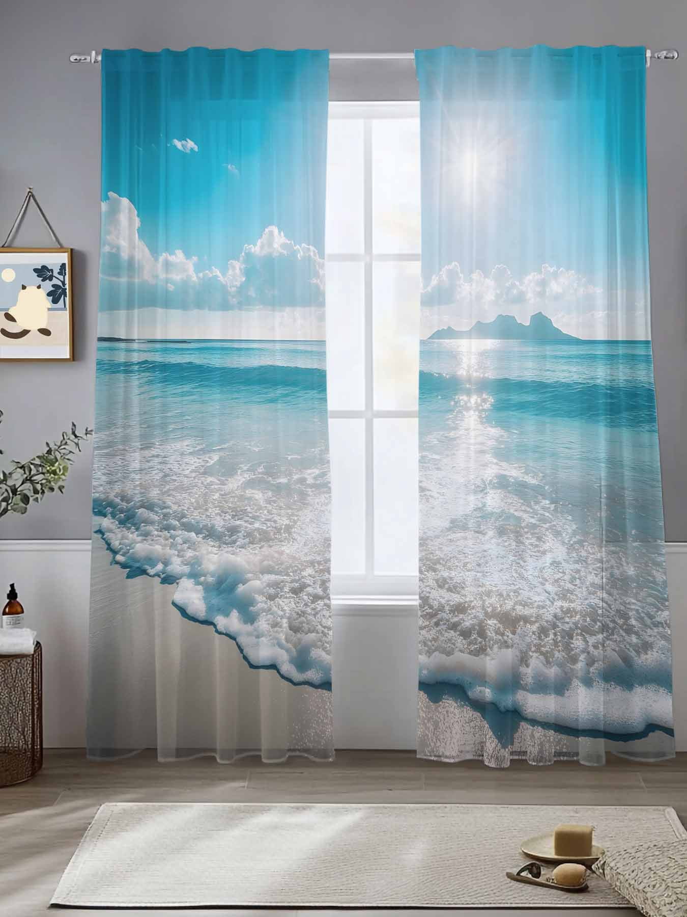 Coastal Beach Sheer Curtains for Living Room Bedroom Blue Ocean Sunrise ...