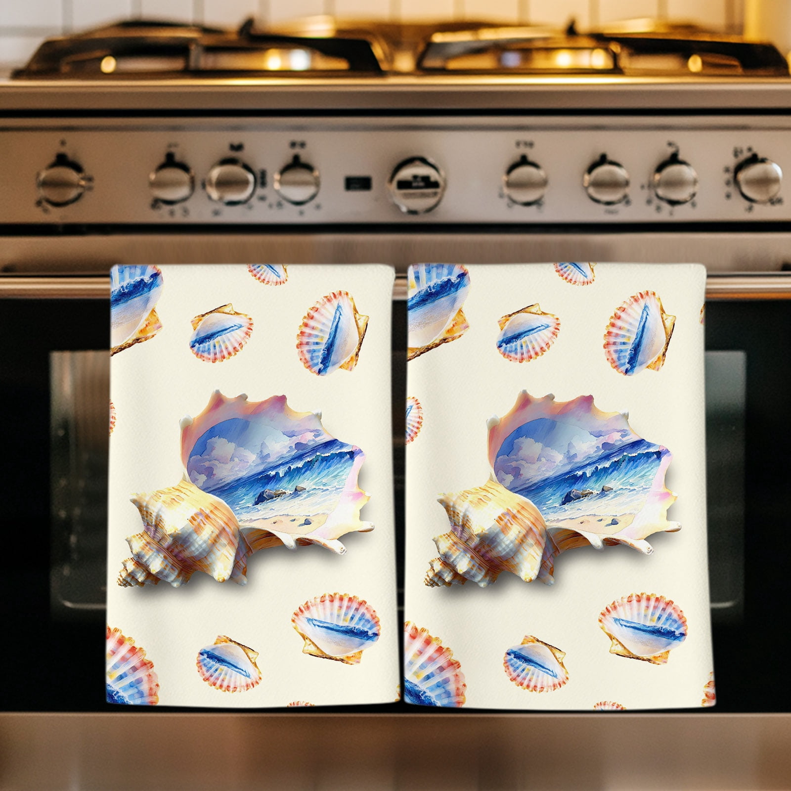 Coastal Beach Shells Kitchen Towels Set of 1, Summer Ocean Sea Waves ...