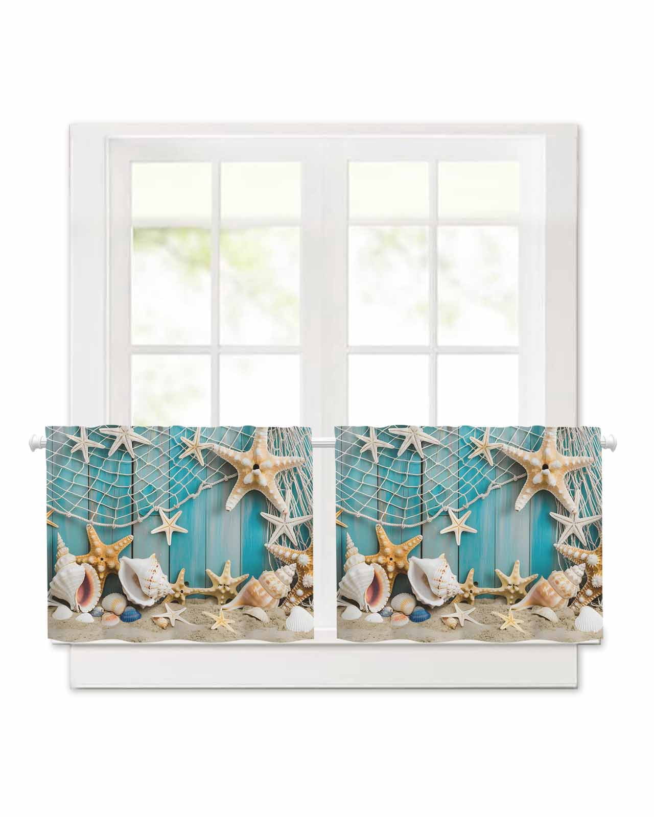 Coastal Beach Short Blackout Curtains 24 Inch Long Starfish Conch ...