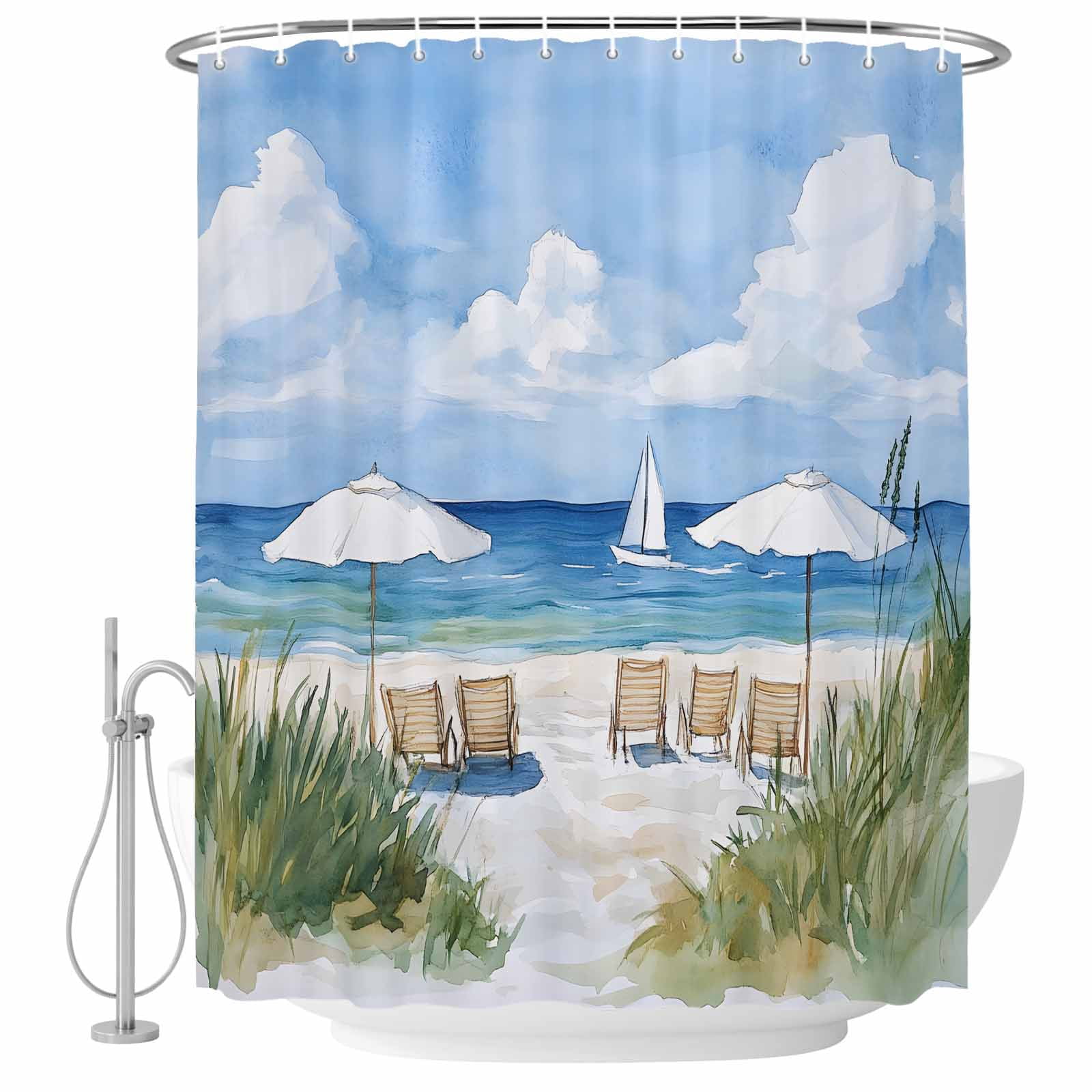 Coastal Beach Shower Curtain Set - Standard 72" x 72" Washable Bathtub ...