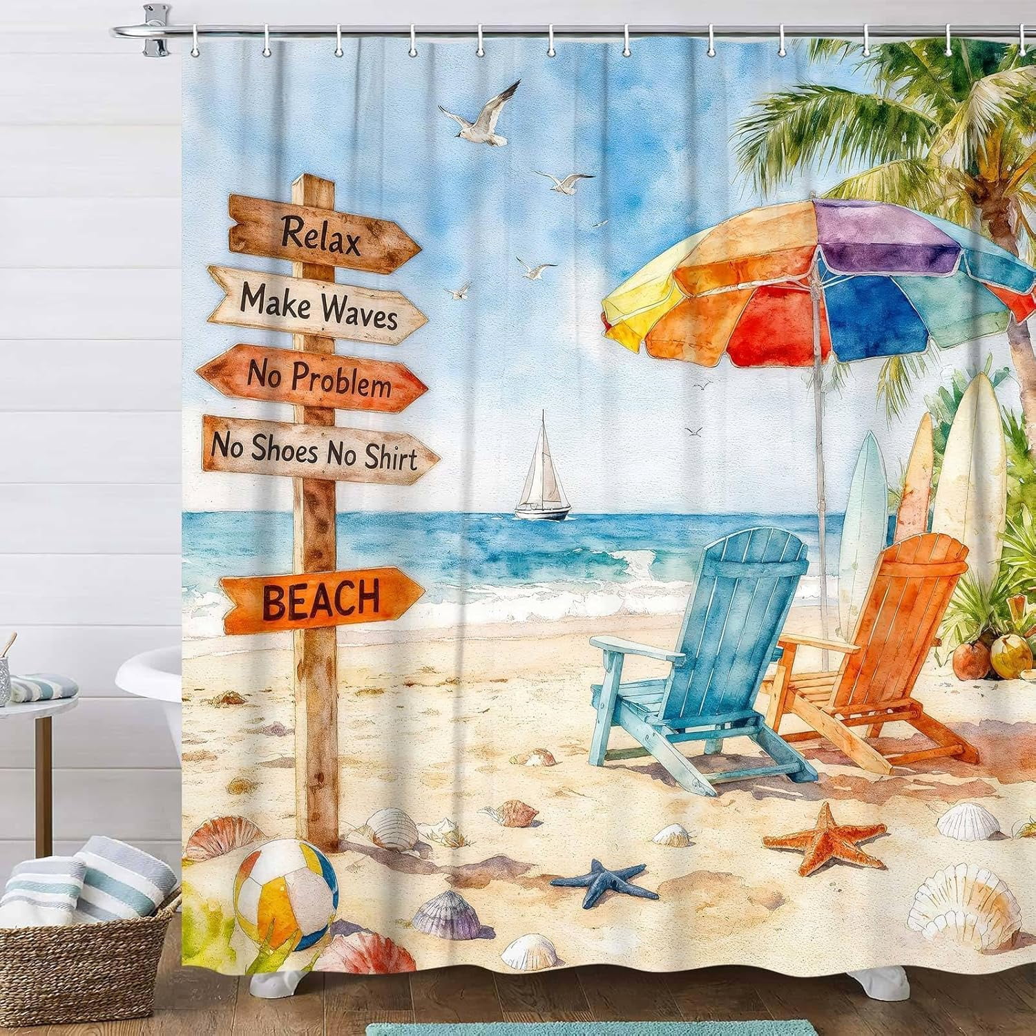 Coastal Beach Shower Curtain, Tropical Palm Tree Chair Signpost ...