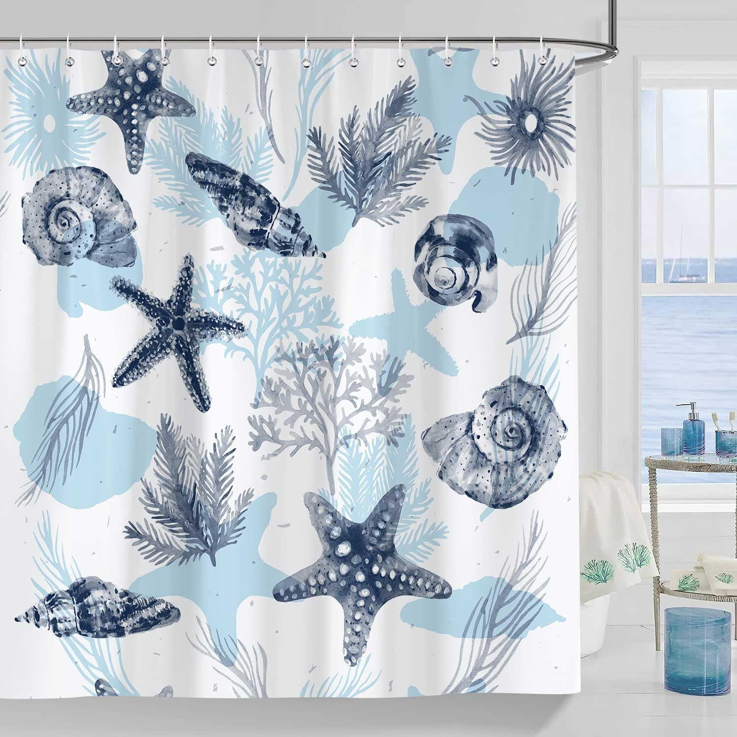 Coastal Beach Shower Curtian, Starfish Coral Seashell Seashell Navy ...